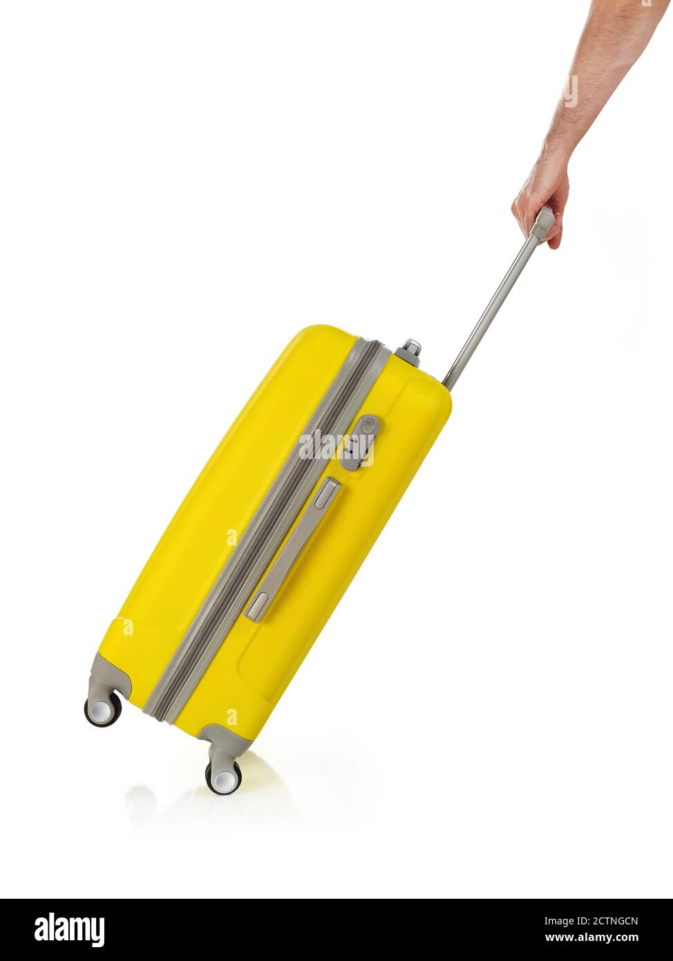 Hand with suitcase isolated on white Stock Photo - Alamy