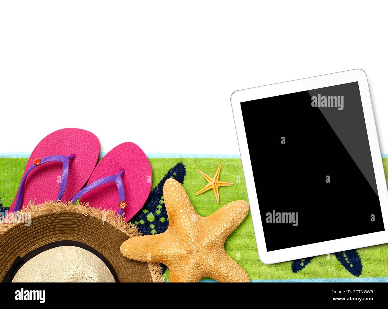 Tablet and beach accessories isolated on white Stock Photo - Alamy