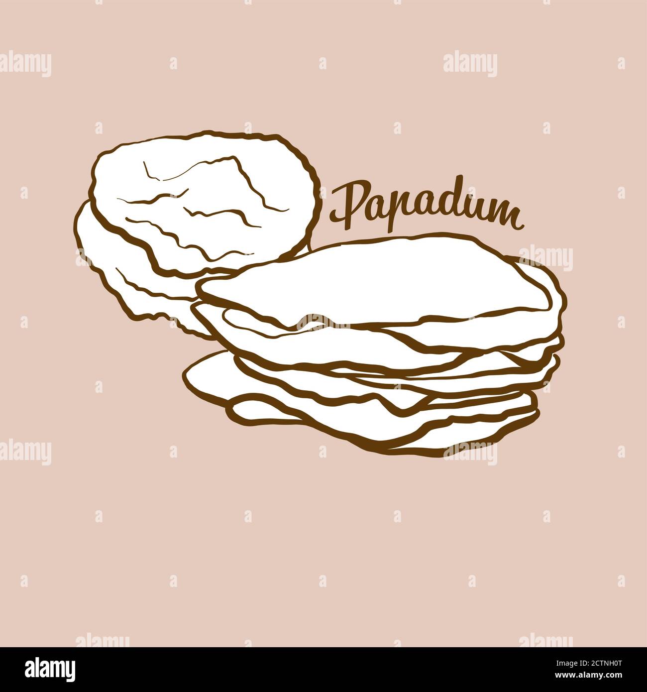 Hand-drawn Papadum bread illustration. Flatbread, usually known in ...