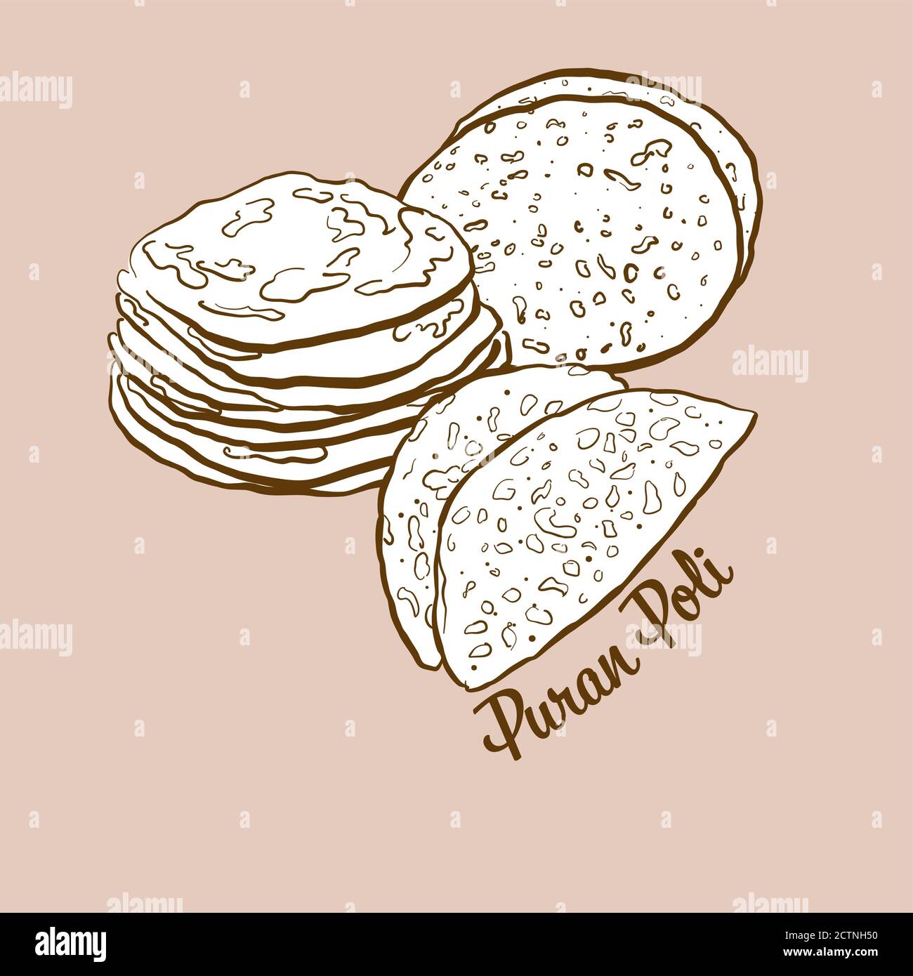 Hand-drawn Puran Poli bread illustration. Flatbread, usually known in ...