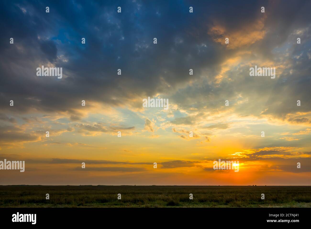 Summer steppe. Colorful sunset with illuminated clouds Stock Photo - Alamy