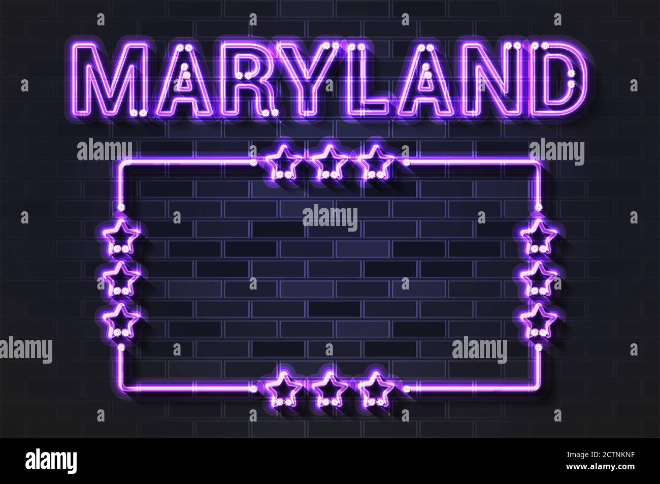 Maryland US State glowing violet neon letters and starred frame on a ...