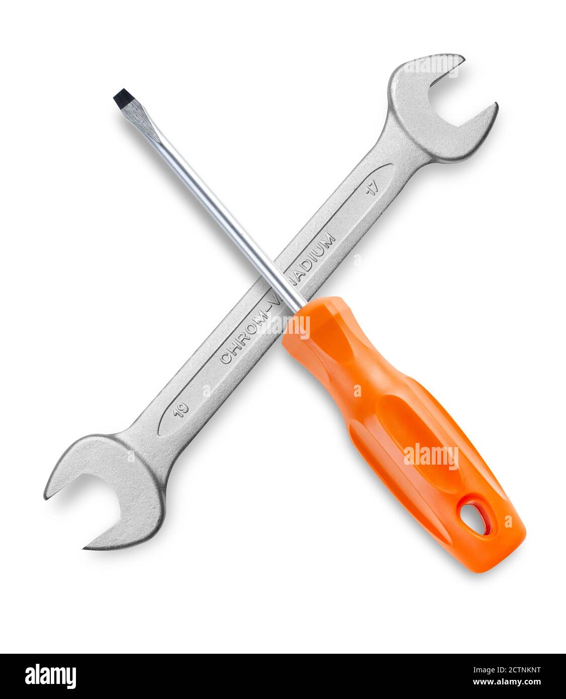 Screwdriver and wrench on white background Stock Photo - Alamy