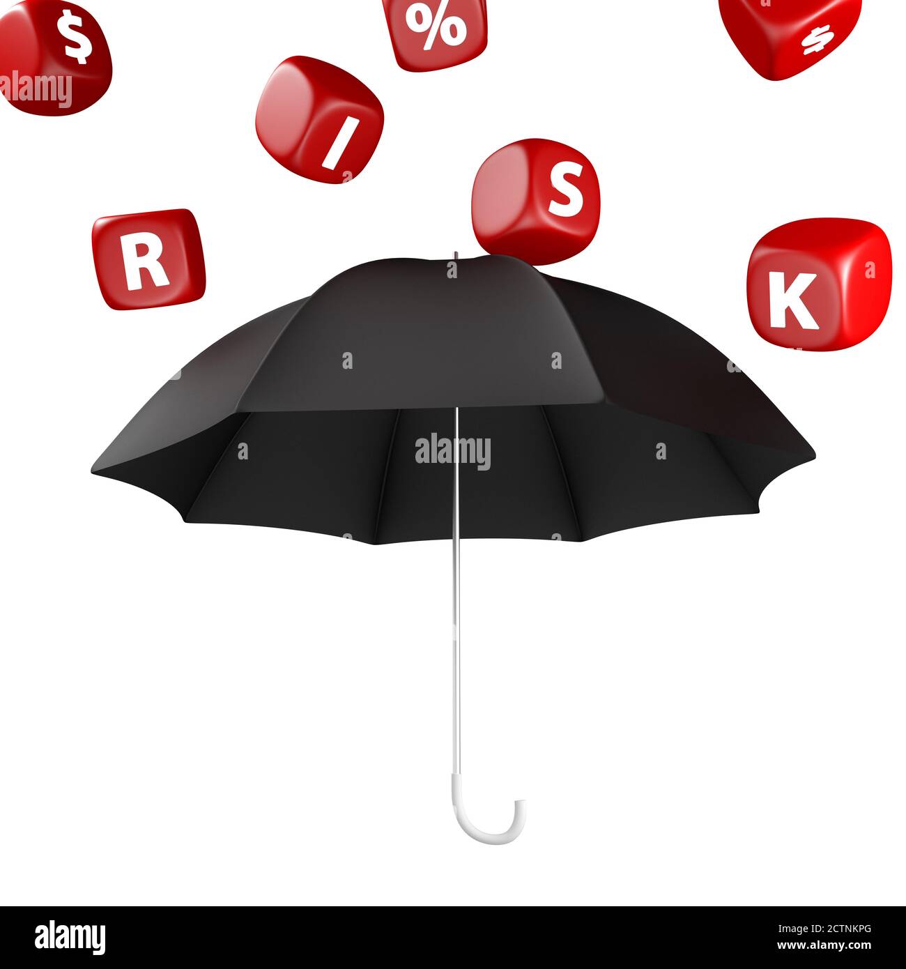 Risk dices falling on umbrella, white background Stock Photo - Alamy
