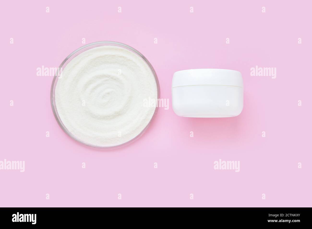 Collagen white powder. Pastel color background. Health product Stock ...