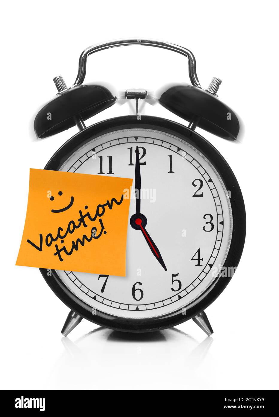 Alarm clock with vacation time adhesive note Stock Photo - Alamy