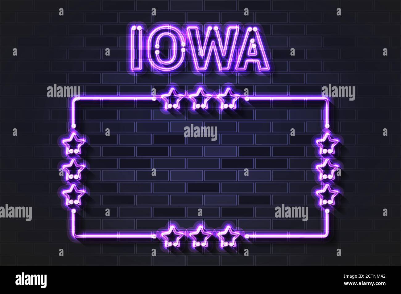 Iowa US State glowing violet neon letters and starred frame on a black ...