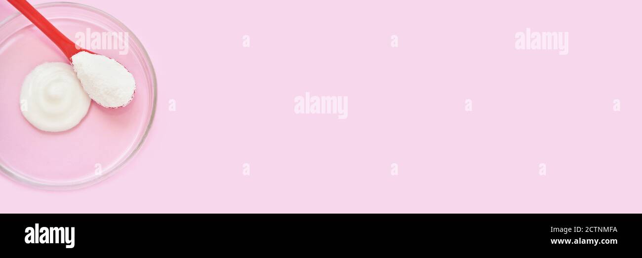 Collagen white powder. Pastel color background. Health product Stock ...