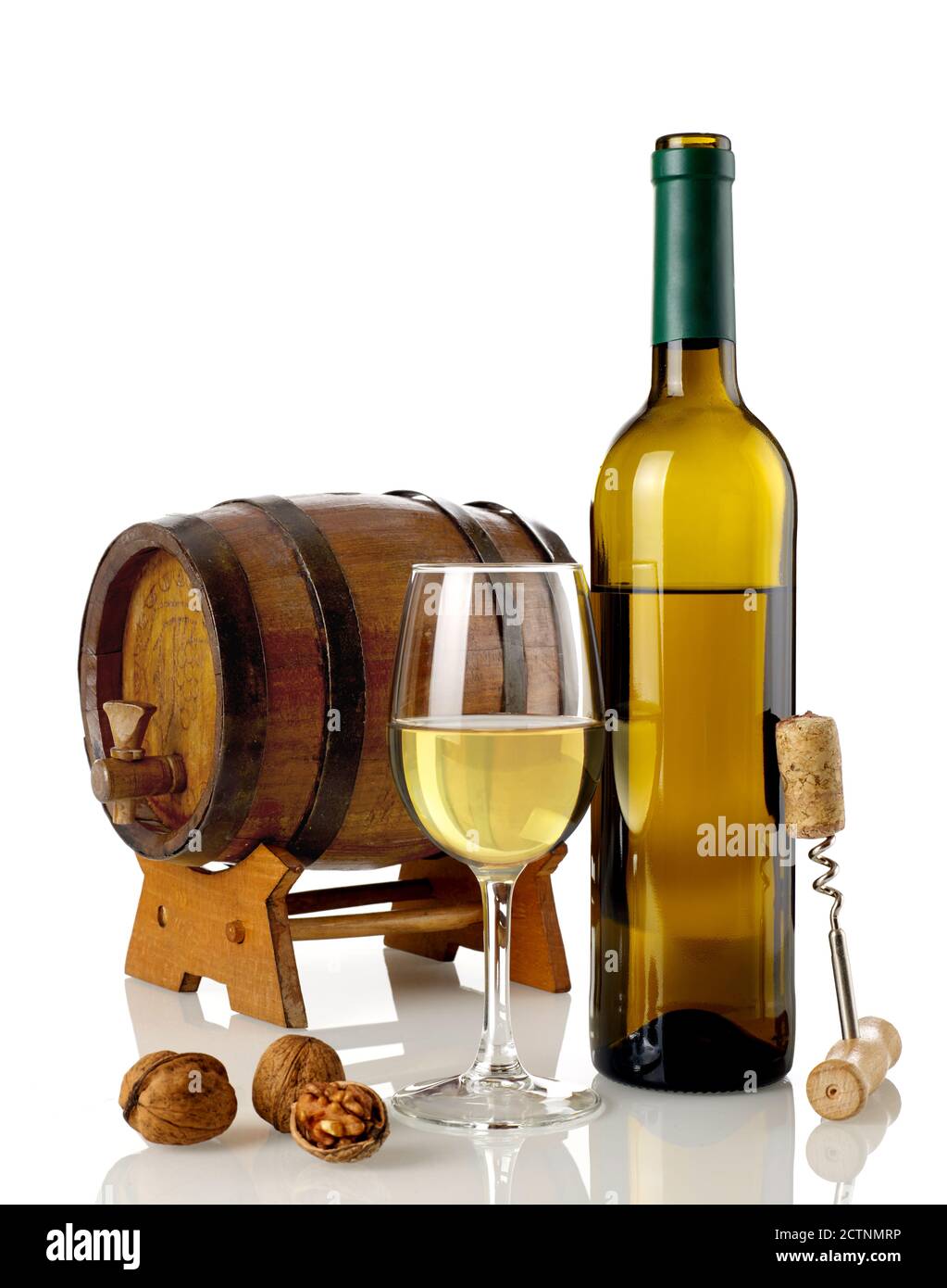 Wine, nuts and barrel isolated on white Stock Photo - Alamy