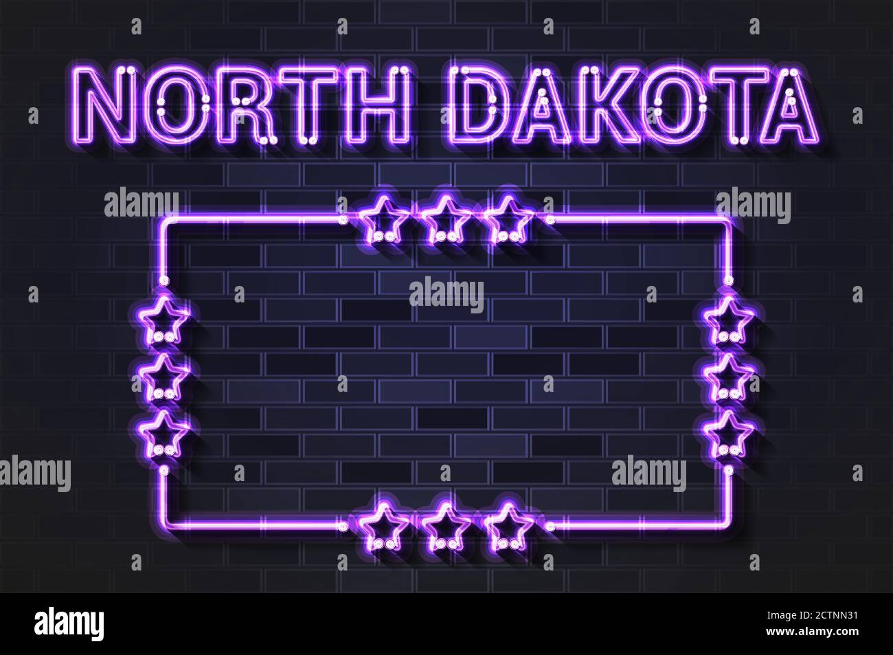 North Dakota US State glowing violet neon letters and starred frame on ...
