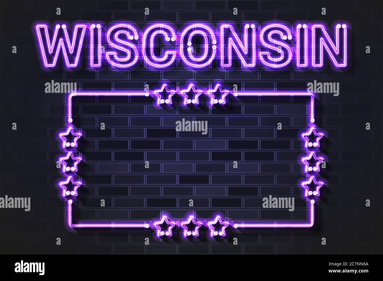 Wisconsin US State glowing violet neon letters and starred frame on a ...
