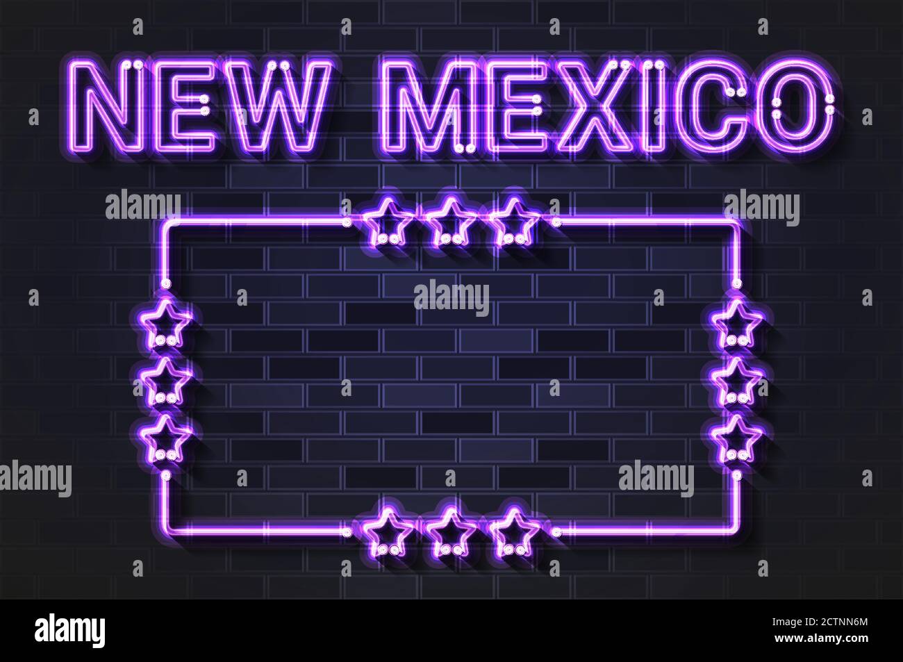 New Mexico US State glowing violet neon letters and starred frame on a ...