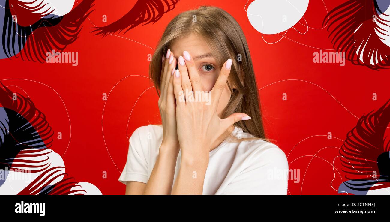 Hiding face. Caucasian woman's portrait. Beautiful female model in ...
