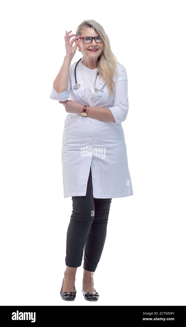in full growth. happy medic woman talking on her smartphone Stock Photo ...