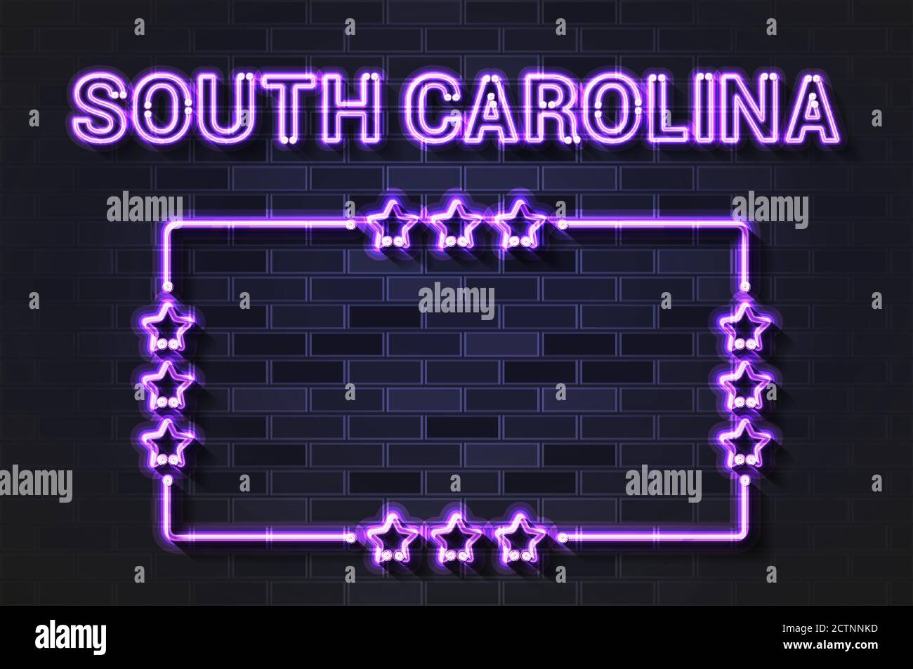 South Carolina US State glowing violet neon letters and starred frame ...