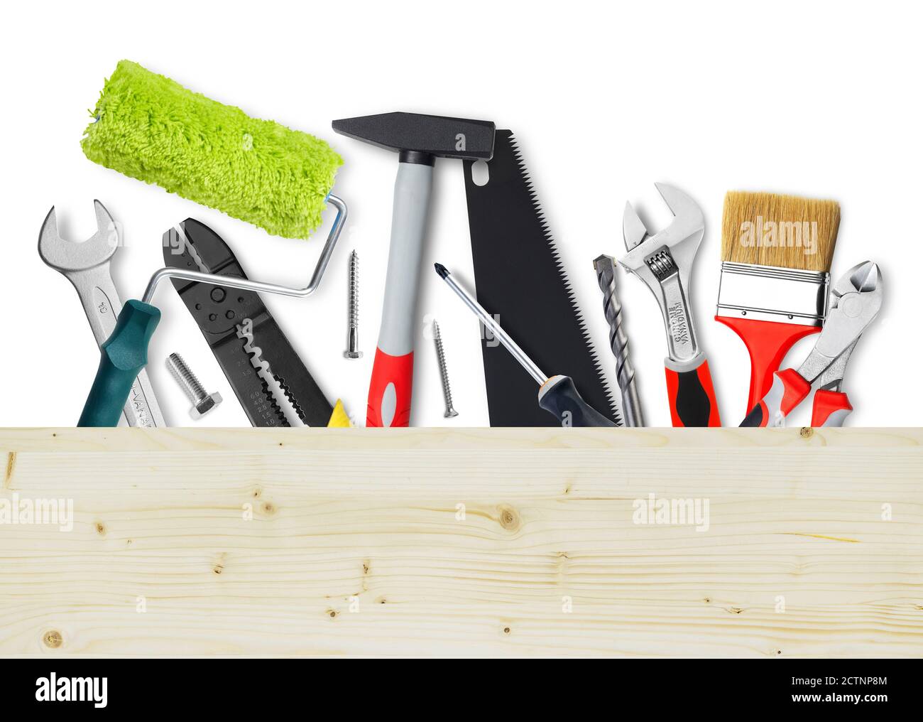 Various work tools and wood board isolated on white Stock Photo - Alamy