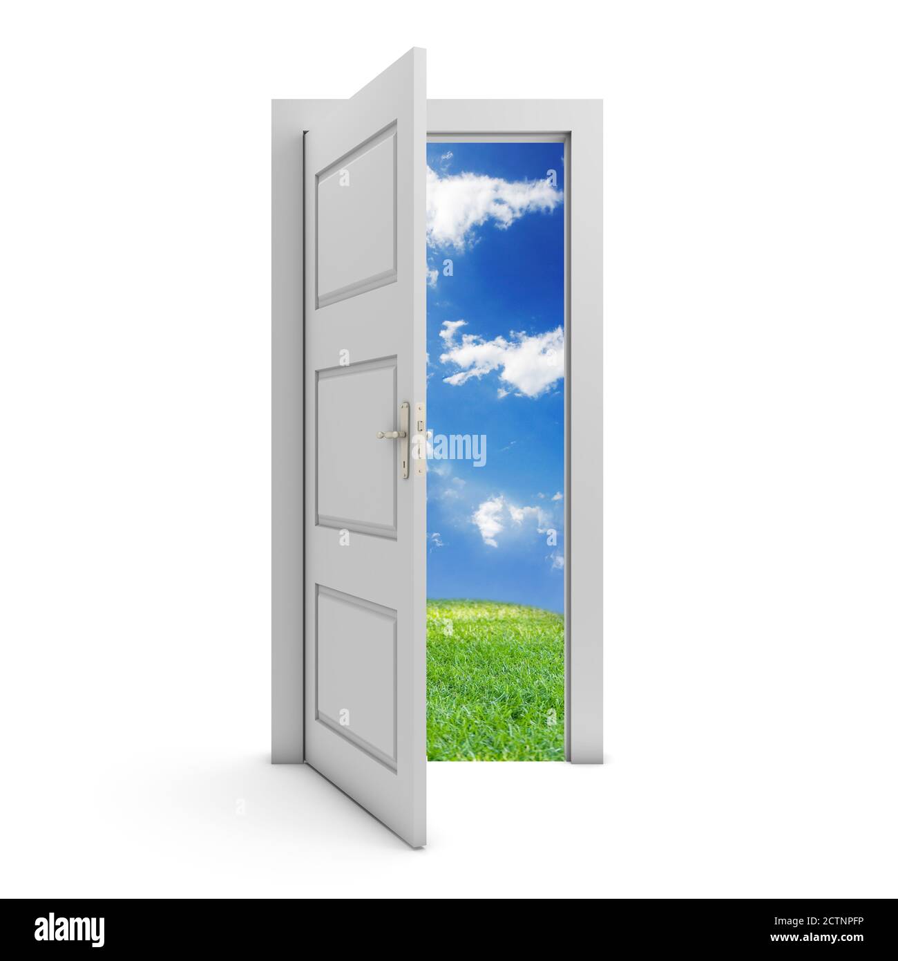 Open door leading to nature, white background Stock Photo - Alamy