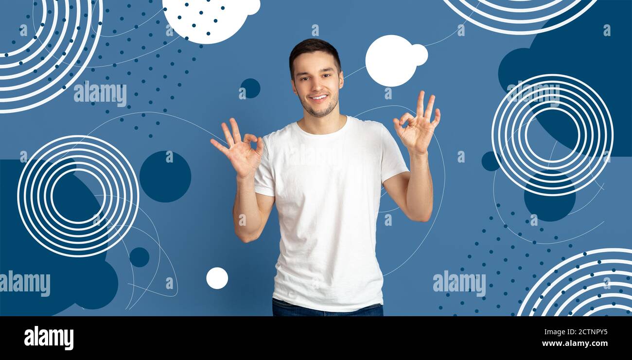 Nice, good gesture. Caucasian man portrait. Beautiful male model in ...