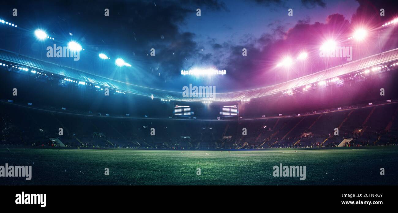 Full stadium and neoned colorful flashlights background. Flyer with ...
