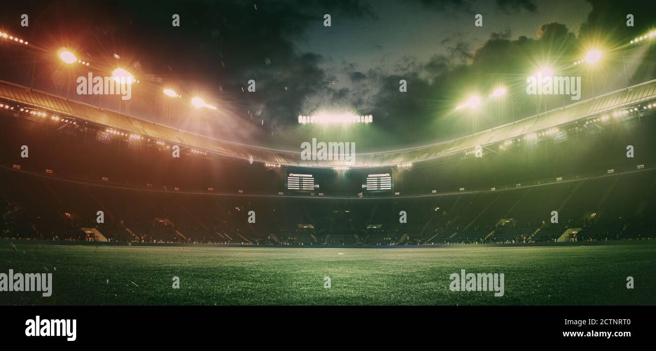 Full stadium and neoned colorful flashlights background. Flyer with ...