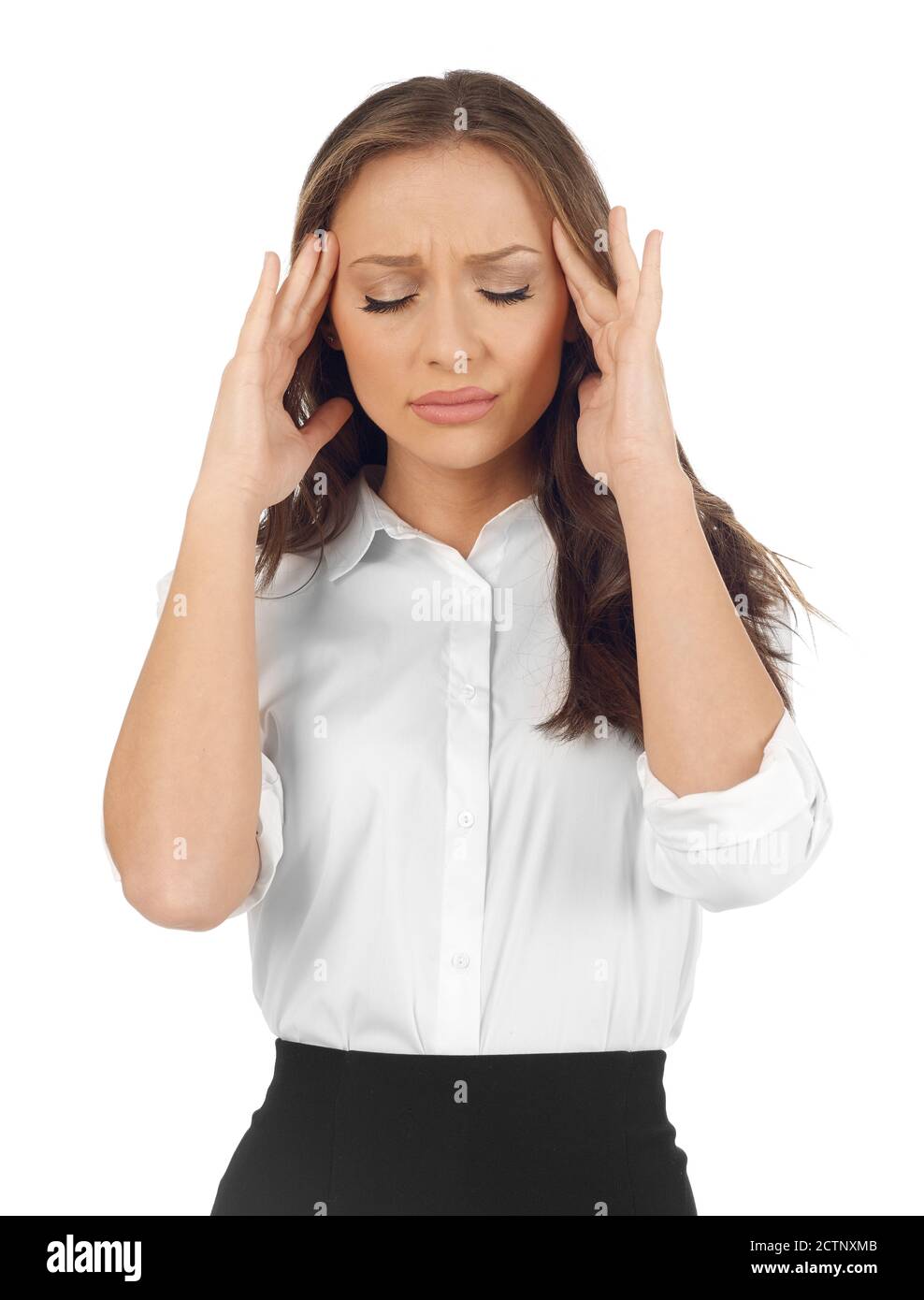 Stressed young woman, white background Stock Photo - Alamy