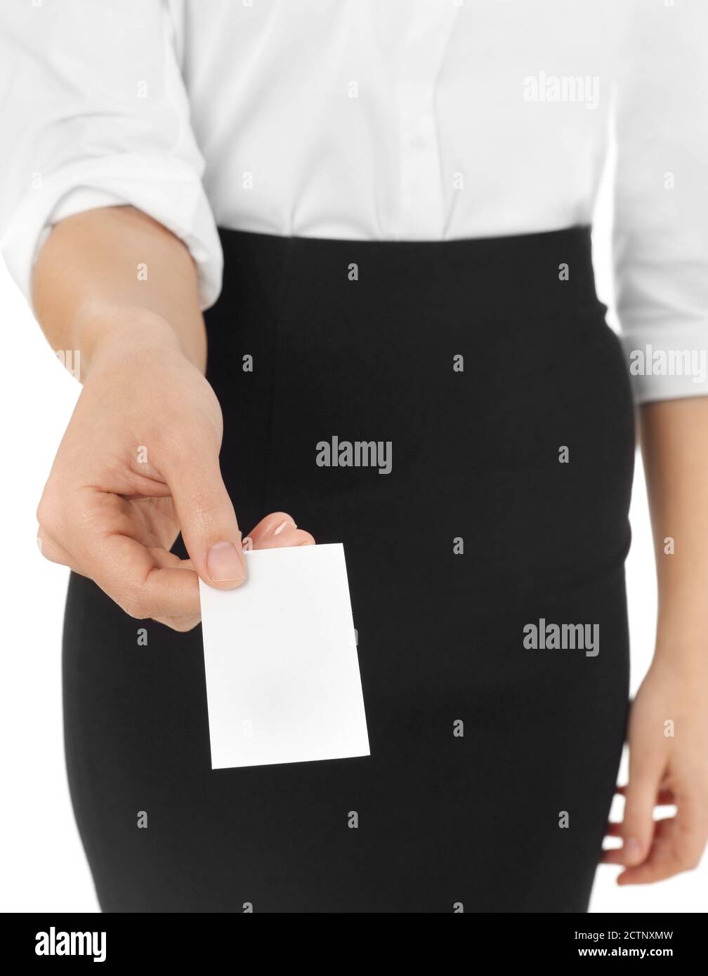 Woman offering a business card, white background Stock Photo - Alamy