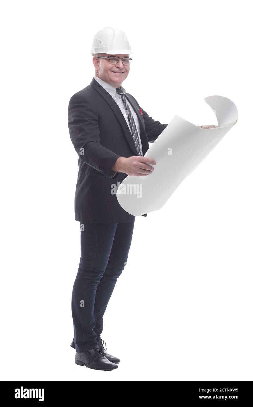 side view. smiling architect reading a new drawing Stock Photo - Alamy