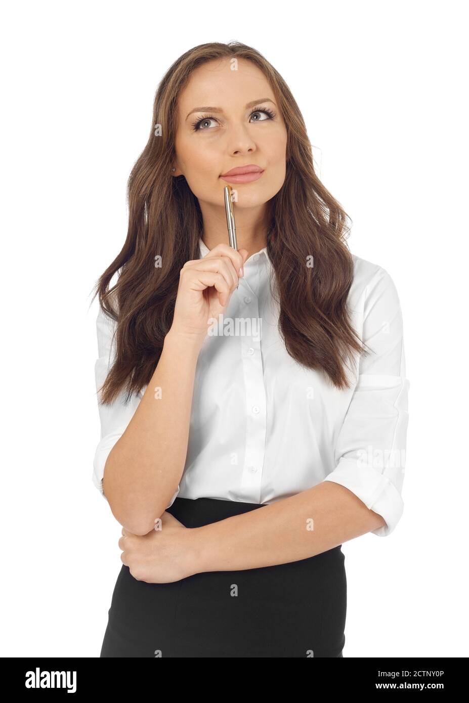 Young woman thinking, white background Stock Photo - Alamy