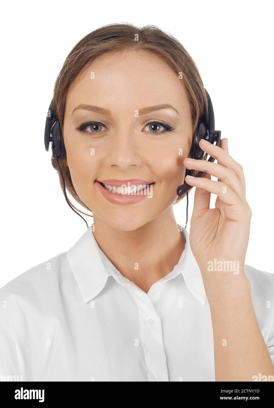 Young phone operator woman with headset, white background Stock Photo ...