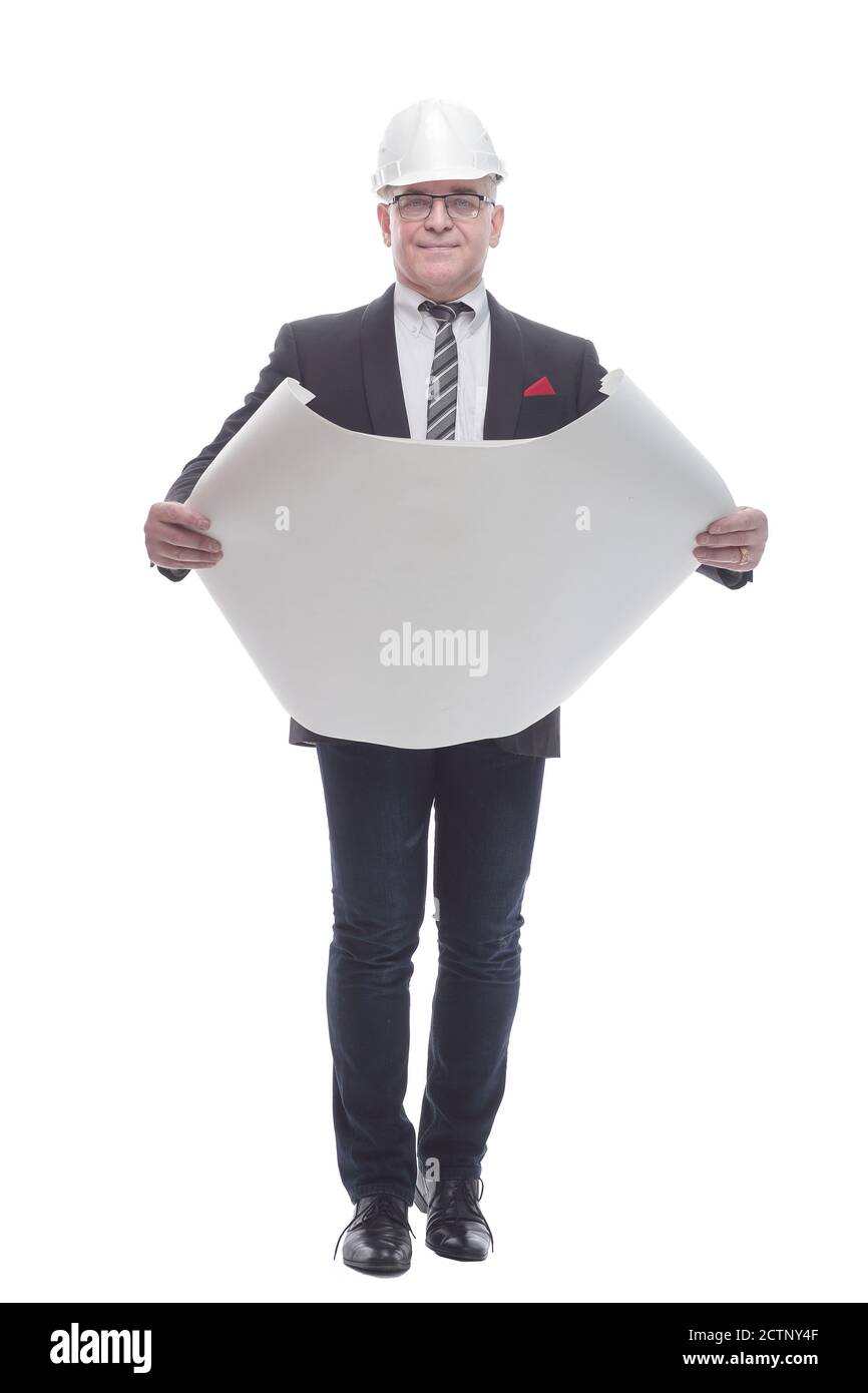 side view. smiling architect reading a new drawing Stock Photo - Alamy