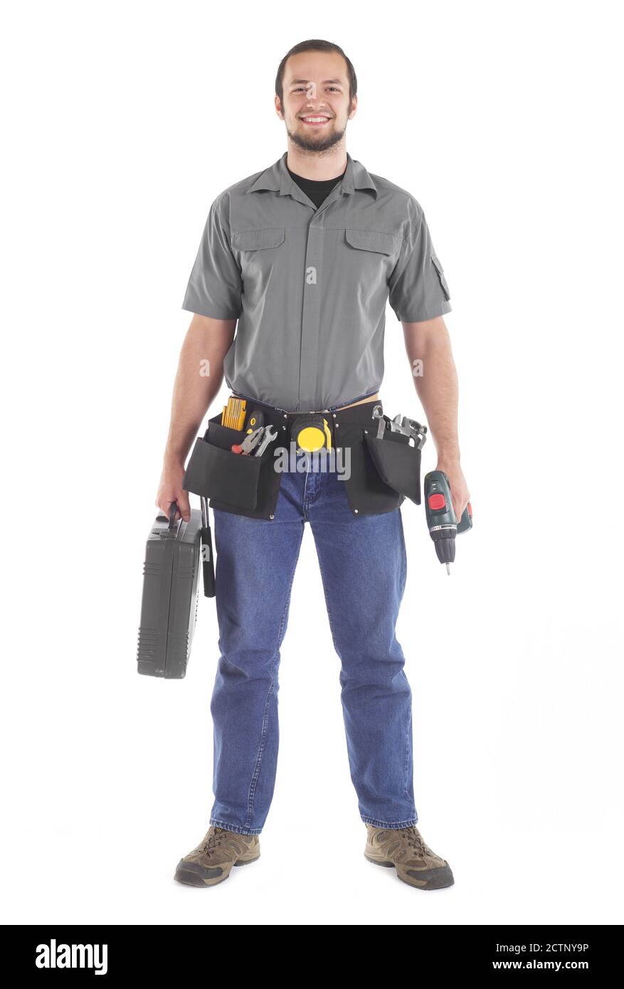 Handyman with power drill and toolbox, isolated on white Stock Photo ...