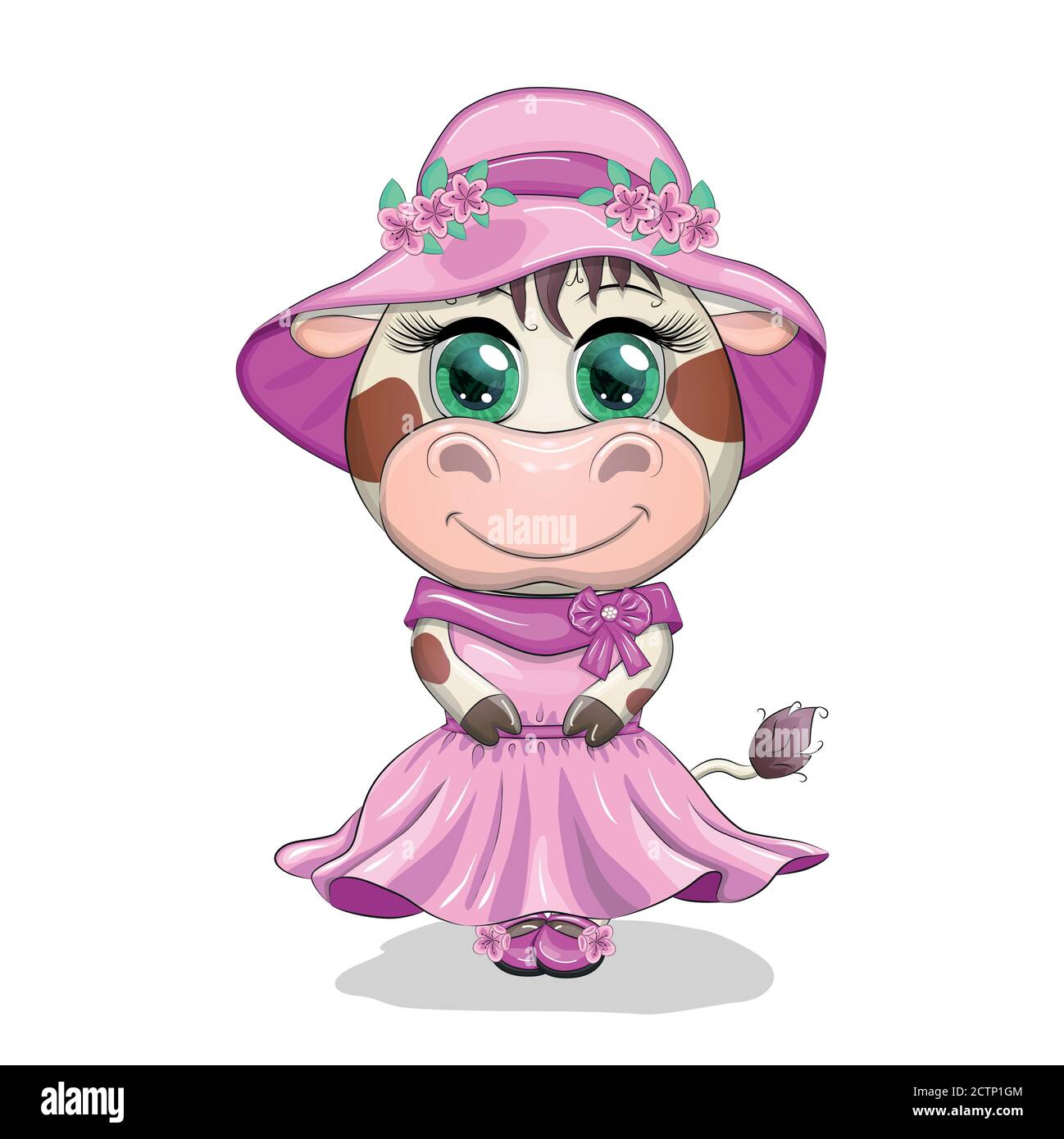 Cute cartoon cow girl with beautiful eyes in a pink dress and a hat ...
