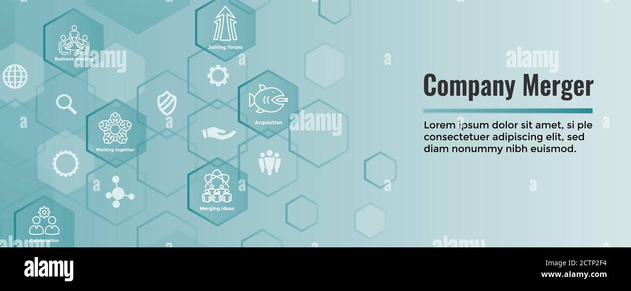 Companies merging together, one buying out the other & icon set header ...