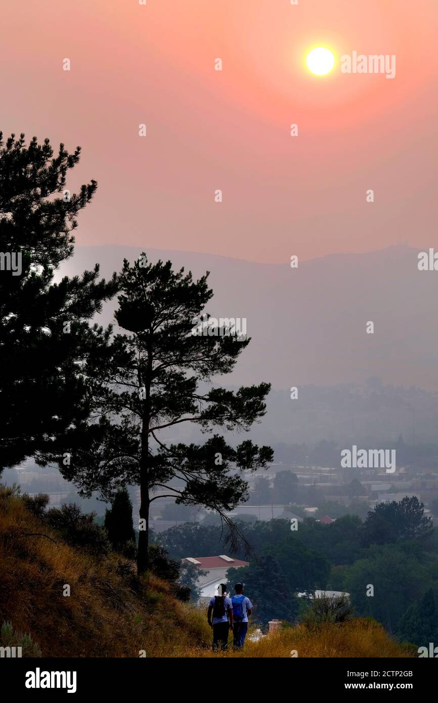 Trees and large sun in orange sky setting people hiking walking on ...