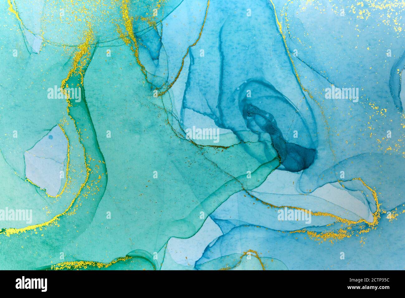Alcohol ink blue and gold abstract background. Ocean style watercolor ...