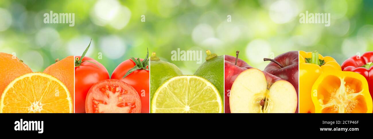 Sliced and whole vegetables and fruits separated by vertical lines on ...