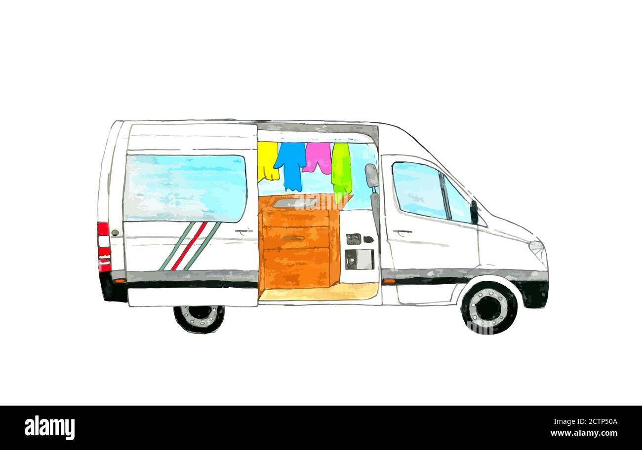 Van life. Hand drawn open white van with furniture inside. Illustration ...
