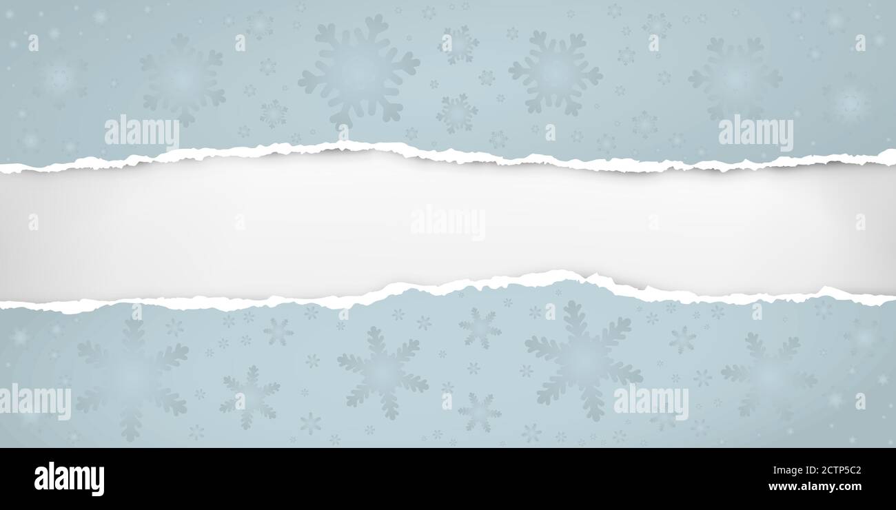 Piece of torn, ripped blue paper with snowflakes pattern and soft ...