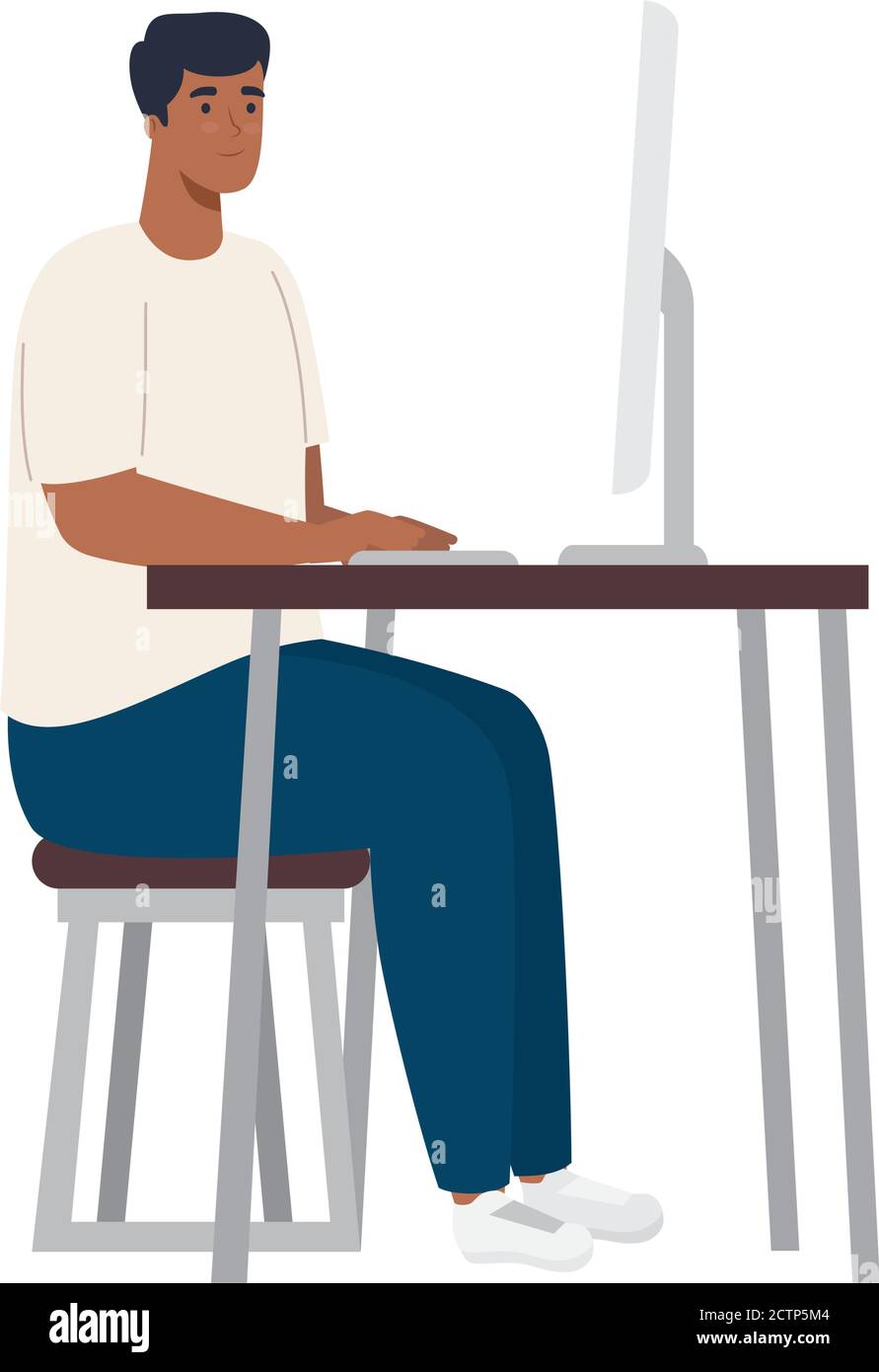 Man cartoon with computer working at desk vector design Stock Vector ...