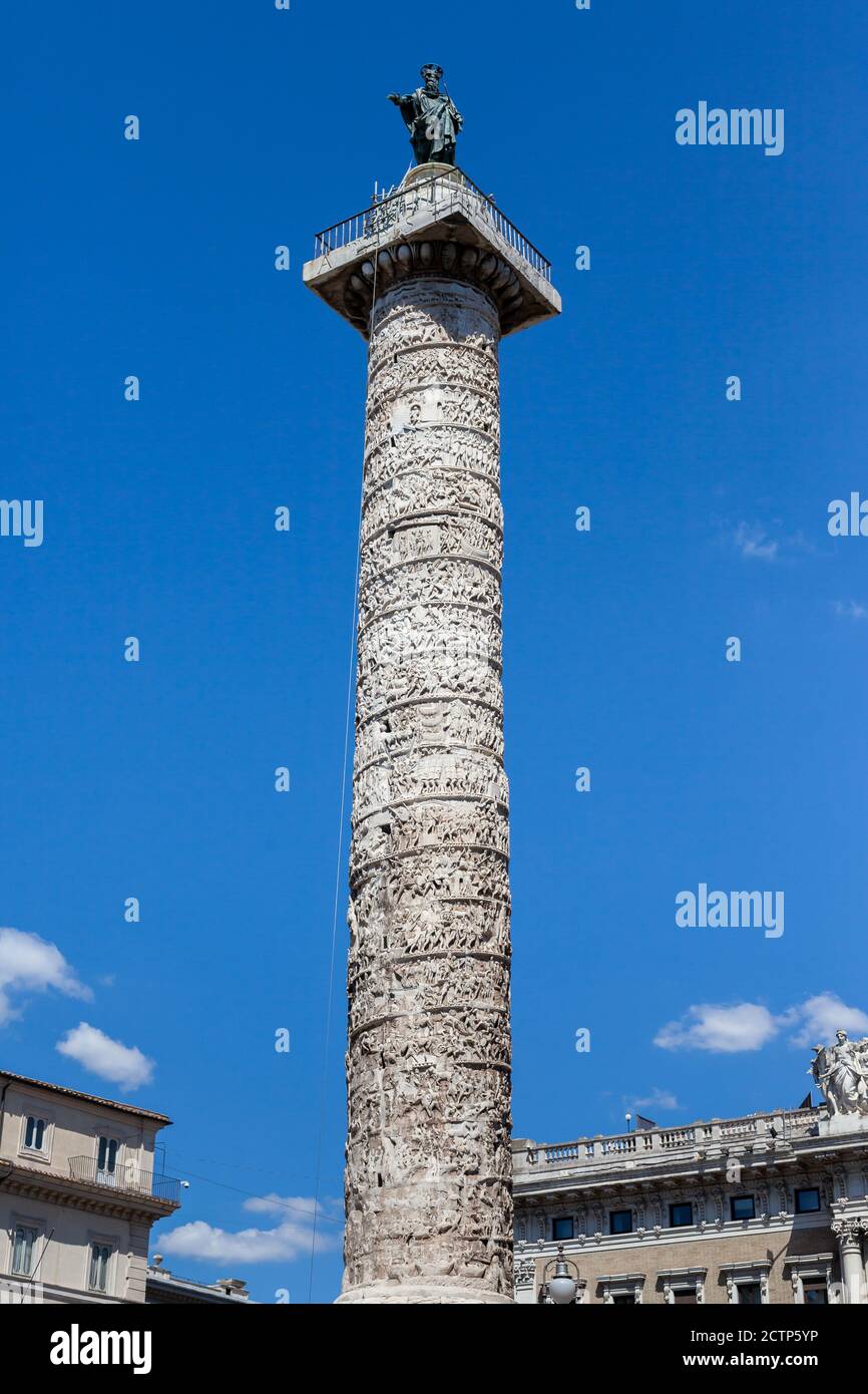 ROME, ITALY - 2014 AUGUST 17. The Column of Marcus Aurelius is a Roman ...
