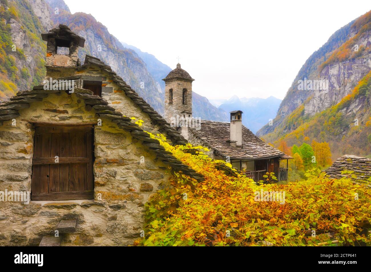 Alpine Village Foroglio in Val Bavona with Mountain in Autumn in Ticino ...