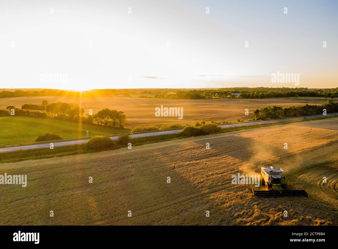 Vejen, Denmark. 01st, September 2020. A farmer is harvesting a barley ...