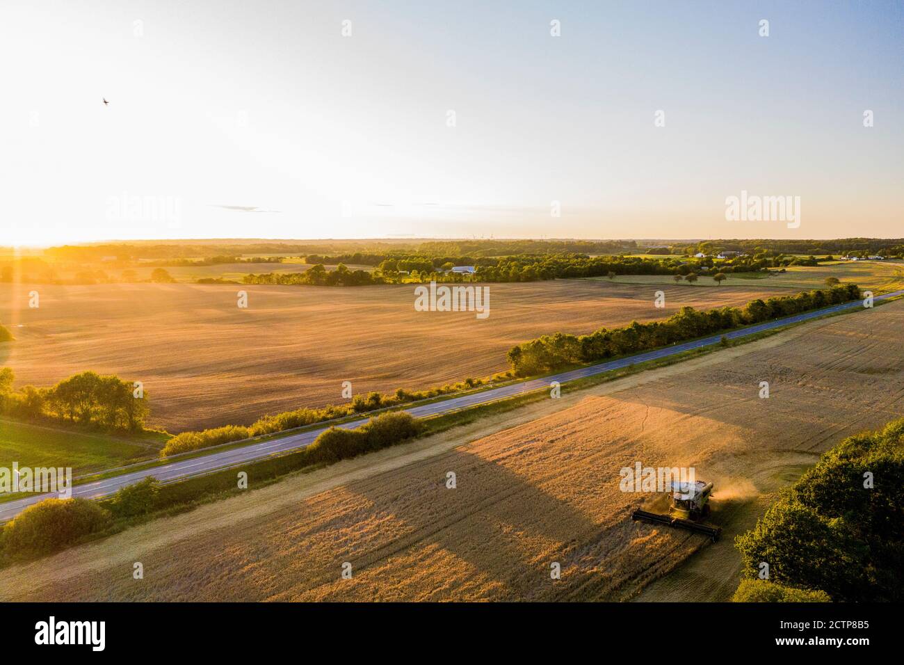 Vejen, Denmark. 01st, September 2020. A farmer is harvesting a barley ...