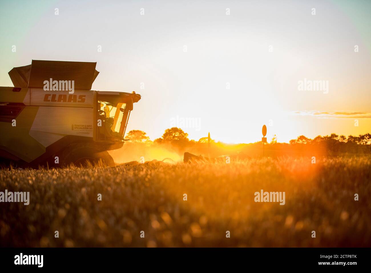 Vejen, Denmark. 01st, September 2020. A farmer is harvesting a barley ...