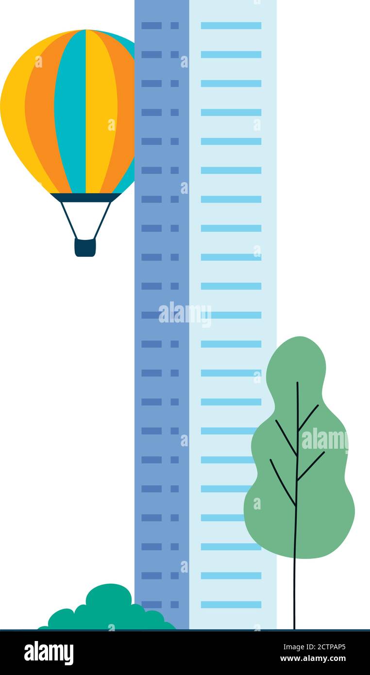 hot air balloon with city building and tree vector design Stock Vector ...