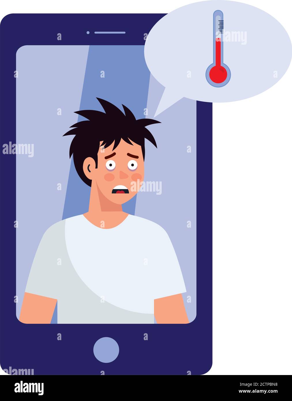 man cartoon with insomnia and thermometer bubble in smartphone vector ...