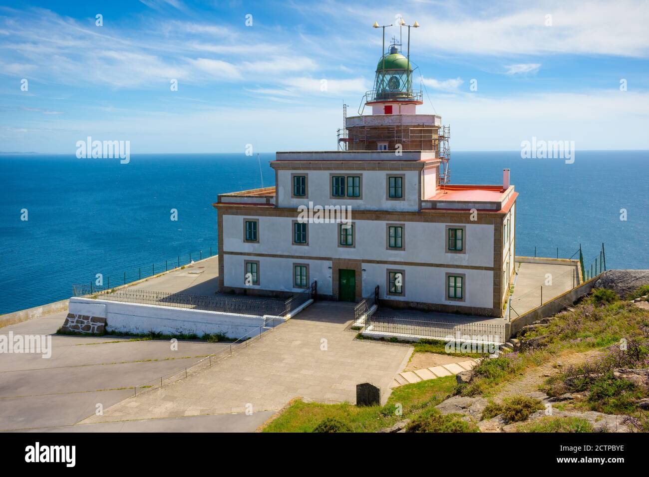 Panoramic view of the building of the lighthouse of Finisterre, Galicia ...