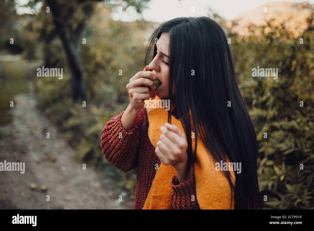 Young woman biting a pear in the field wearing a sweater Stock Photo ...