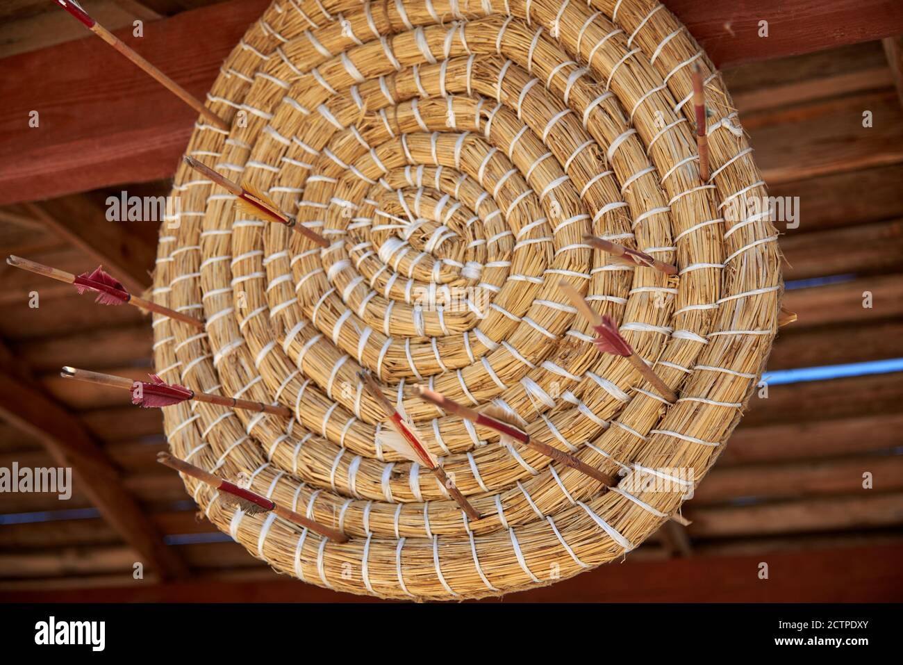Multiple bow arrows missed the center of the straw target, failure ...