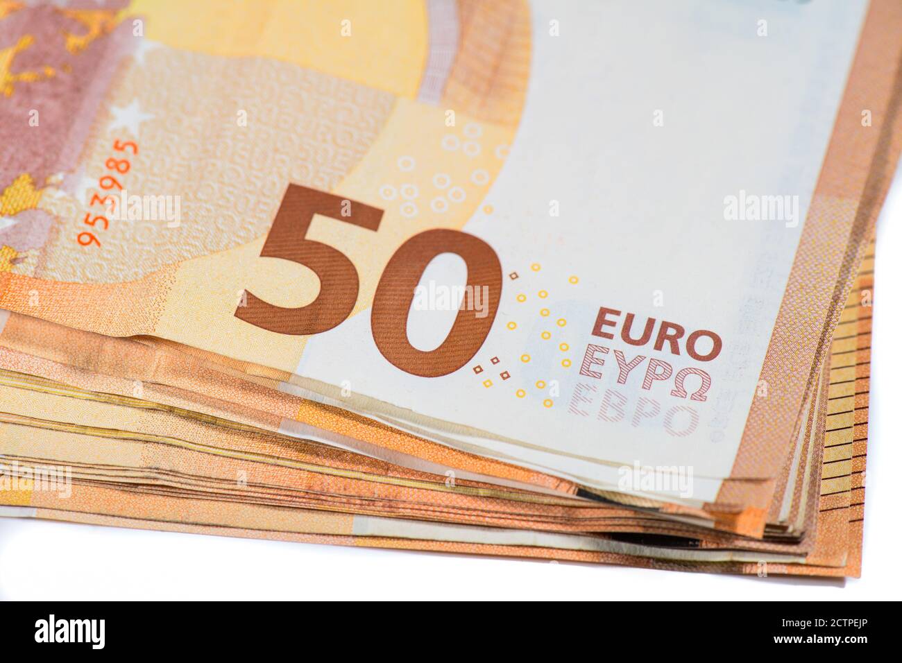Package of 50 euros on a white background Stock Photo - Alamy